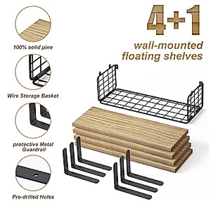 Longzhuo 4+1 Tier Floating Shelves, Rustic Wood Wall Shelf, Bathroom Shelves Over Toilet with Wire Storage Basket, Farmhouse Wall Decor for Bedroom, Kitchen, Living Room and Plants, Brown