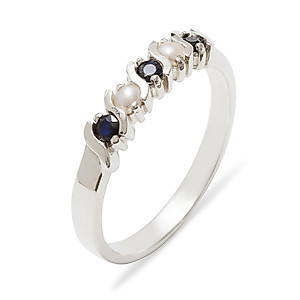 LetsBuyGold Solid 925 Sterling Silver Natural Sapphire & Cultured Pearl Womens Eternity Ring - 7.75 - Size 7.75