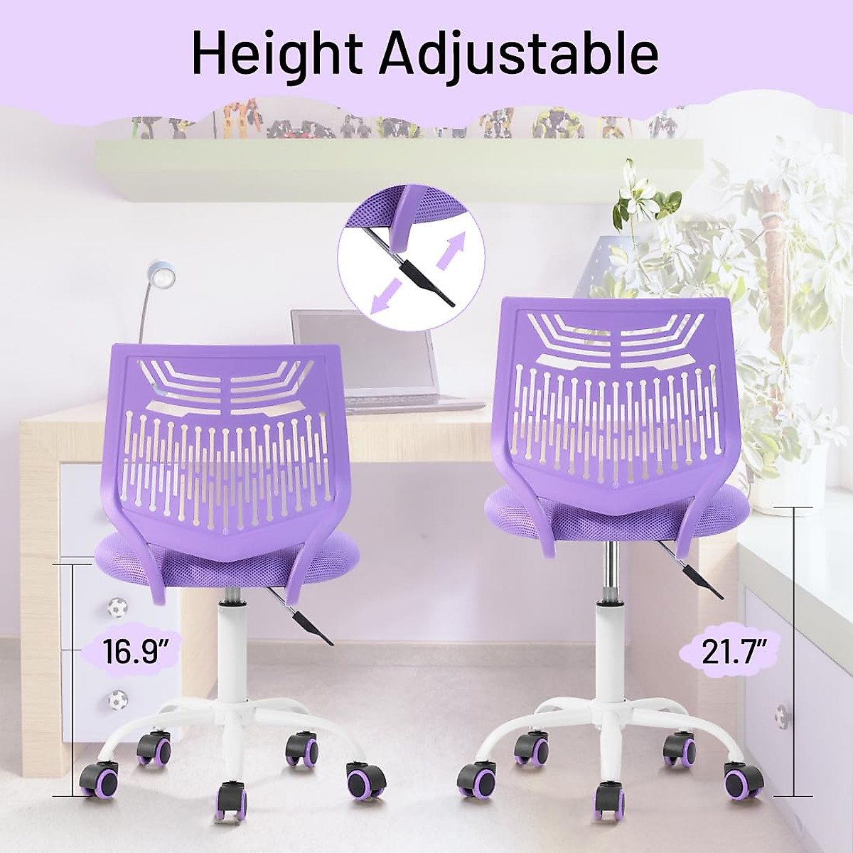 FurnitureR Desk Chair Armless Kids Study Chair Swivel Adjustable with Rolling Wheels, Computer Task Chair Armless Cute Home Office Chair with Mesh Soft Cushion Plastic Low Back, Purple