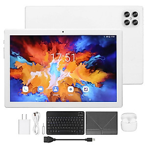 2 in 1 Tablet with Keyboard, 10.1 inch Android 11 Tablet PC, 12GB+256GB, MT6755 8 Core, 5G WiFi 4G LTE Calling Tablet, with BT Earbuds (White Cat)