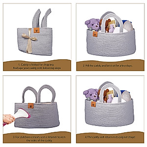 FIFTH AND FLOW Baby Diaper Caddy Organizer, Rope Woven Nursery Storage Basket with Adjustable Divider, Portable Car Travel Diapers Organizer, Large Capacity Caddies (Grey)