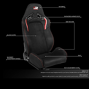 J2 Engineering J2-RS-003-BK Red Stitching Alcantara Reclinable Back Rest Racing Bucket Seats for 4 Point Harness, 38" H X 21" W X 23" D, 1 Pair
