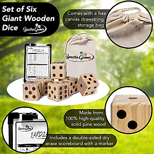 Giant Wooden Yard Dice Set for Lawn Games and Outdoor Yard Games. Family Fun - Includes Larger Double Sided Yardzee and Farkle Dry Erase Scoreboard, 6 Dices (White)