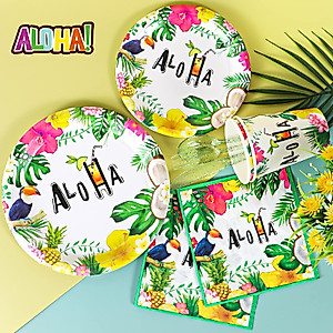 Atonofun Hawaiian Luau Party Supplies, Disposable Hawaiian Plates and Napkins Set, Aloha Party Plates and Cups, Napkins and Cutlery for Hawaiian Luau Birthday Party Decorations Serves 24