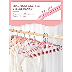 HOUSE DAY Velvet Hangers with Tie Bar 20 Pack Pink, Clothes Hangers Non-Slip, Space Saving Felt Hangers for Pants, Coat, Suits, Shirt, Scarf, No Hanger Marks