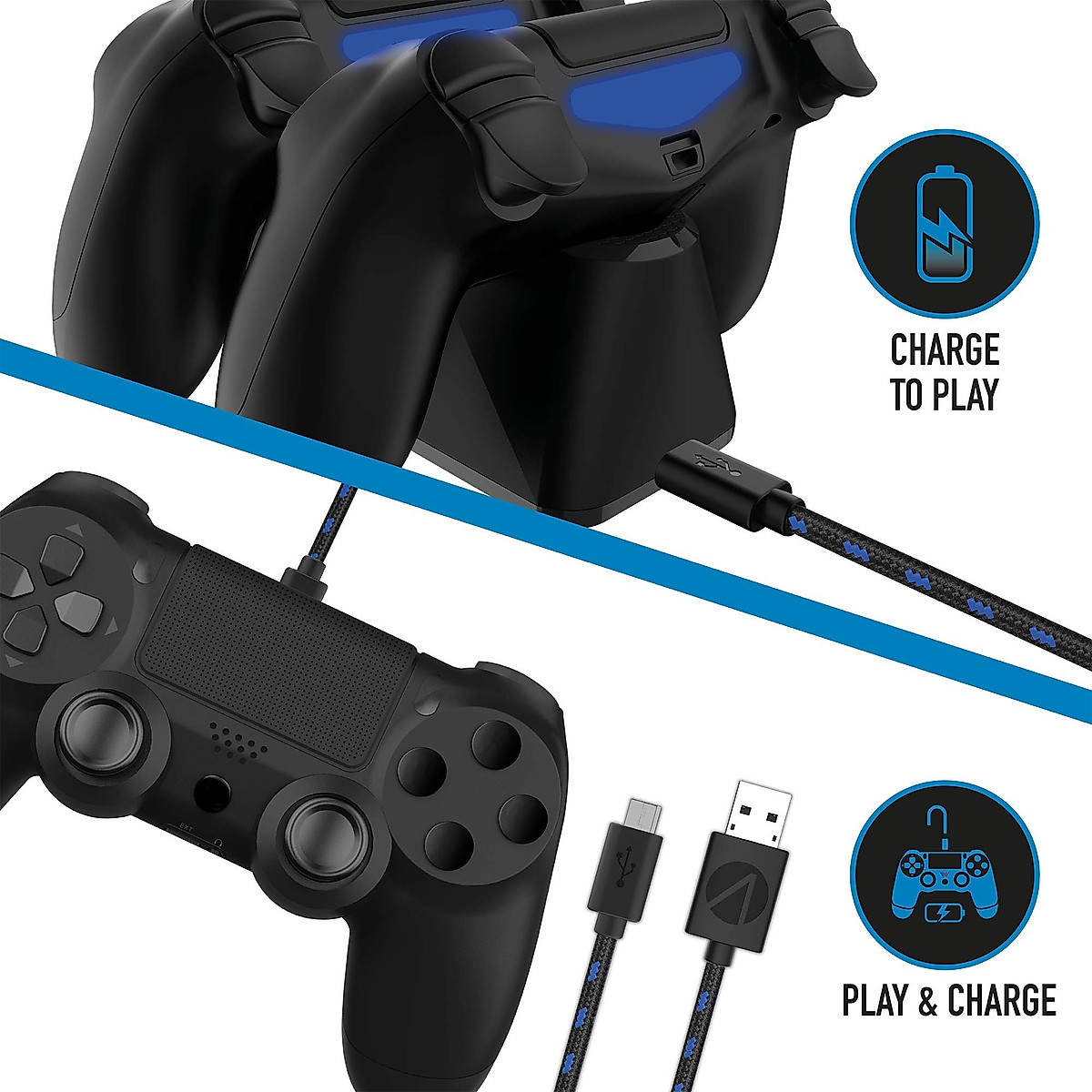 Stealth SP-C100 Twin Charging Dock with 2M Play & Charge Cable For PS4 - Black (PS4)