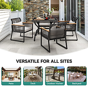 YITAHOME Patio Dining Chairs Set of 4, Outdoor Wicker Furniture Dining Chairs, All-Weather Rattan Conversation Chairs with Wood Armrest and Soft Cushions for Backyard Deck (Black+Light Gray)