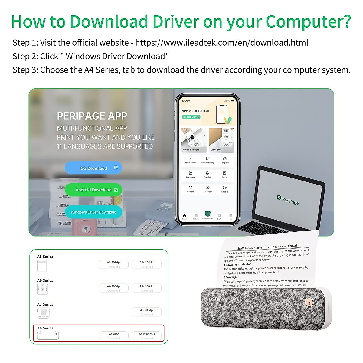Bisofice PeriPage Portable Printer, A4 Wireless Bluetooth Travel Printer, Portable Thermal Printer Compatible with Android and iOS, Support 2''/3''/4'' Paper Width, Mobile Printer