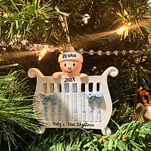 Personalized Baby in a Crib First Christmas Ornament (Blue)
