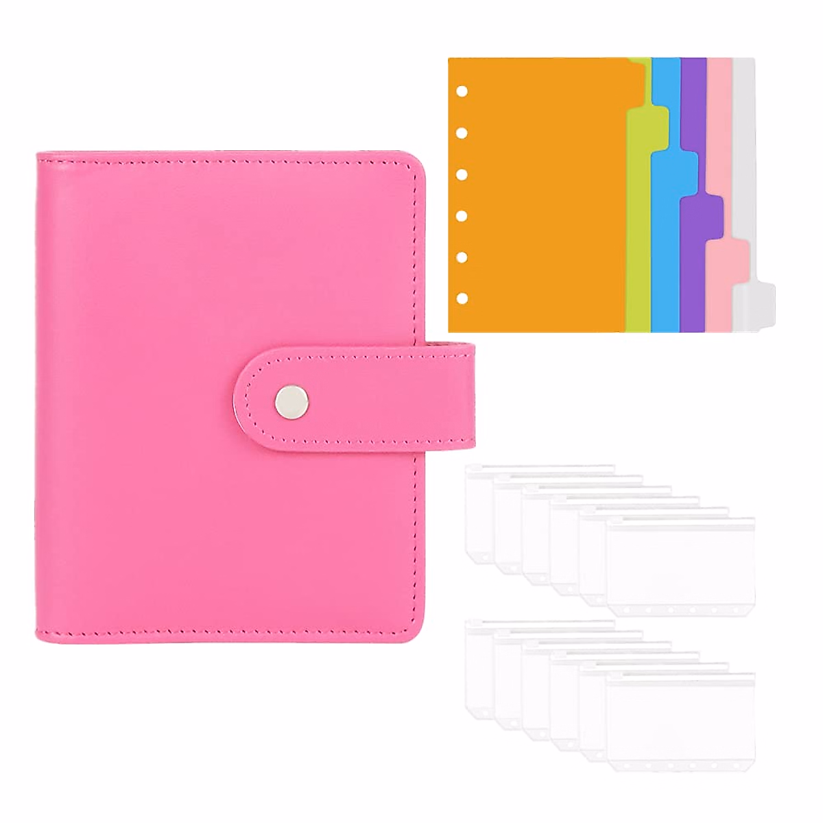 A7 Planner Binder, Rose Red PU Leather Binders with 6pcs Binder Dividers and 12pcs Zipper Binder Pouch Set, 6 Rings Snap Button Closure Loose Leaf Budget, Envelopes System, File Folders (Rose Red)