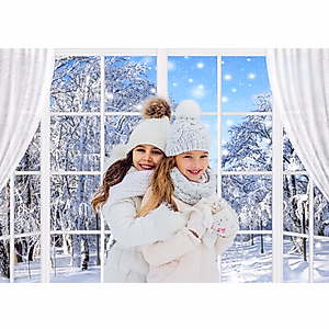 Winter Scene Backdrop Holiday Wonderland Snowflake Photography Background Window Forest Christmas Party Decoration Tree Landscape Kids Portrait Photobooth Photo Studio Props 7x5ft White