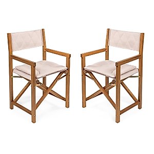 JONATHAN Y DRC1002A-SET2 Waldo Classic Mid-Century Outdoor Acacia Wood Foldable Diamond-Quilted Back Director Chair with Cushion Modern, Vintage, Bohemian, Coastal, Beige/Teak Brown (Set of 2)