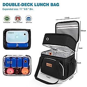 BALORAY 15L Black Insulated Lunch Bag for Men Women, Expandable Large Lunch Bags for work, Leakproof Double Deck Lunch Box Cooler Tote Bag with Adjustable Shoulder Strap