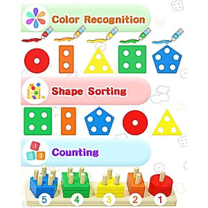 Yetonamr Montessori Toys for 1 2 3 Years Old Boys Girls, Wooden Sorting & Stacking Toys for Toddlers and Kids Baby, Color Recognition Shape Sorter Gift Educational Learning Toy Puzzles Ages 1-3