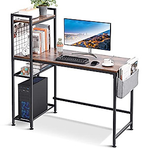TOOLF Computer Desk with 4 Tier Shelves for Home Office, 47" Writing Study Table with Grid Panel and 4 Hooks, Multipurpose Desk with Storage Bag for PC Laptop