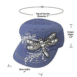 SILVERFEVER Women's Military Cadet Army Cap Hat Vintage Distressed or Rhinestone Crystals on Brim (Denim Blue -Crystal Dragonfly)