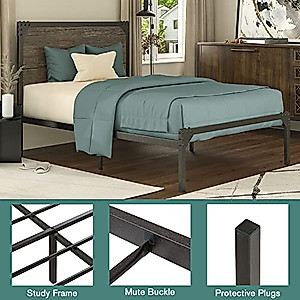 IMUsee Twin Size Platform Metal Bed Frame with Wood Headboard, Heavy Duty Bed Frame with 11" Under-Bed Storage Space, No Box Spring Needed, Easy Assembly, Noise Free, Rustic Brown
