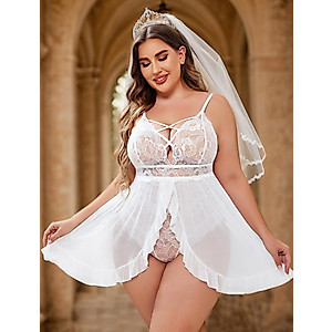 Avidlove Women Plus Size Lingerie Snap Crotch Babydoll Sexy Curvy Strappy Ruffle Lace Chemise(White,L)