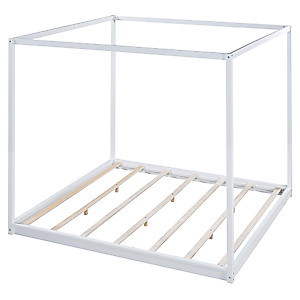 Merax Wooden Canopy Platform Bed Frame King Size Floor Bed/Mattress Foundation with Slat Support White