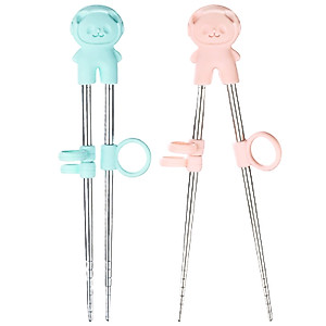 2 Pairs Training Chopsticks with Case Learning Chopstick Helper Stainless Steel Reusable Metal Beginner Chopsticks Pink and Blue