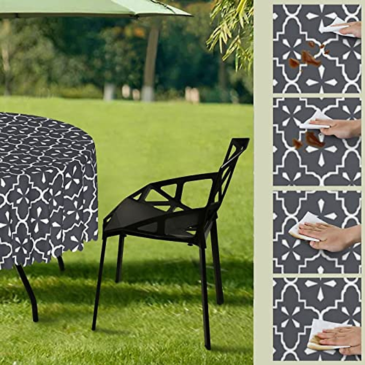 Damask Pattern round outdoor tablecloth,Round Tablecloth with Umbrella Hole and Zipper for Patio Garden,Waterproof Spill-Proof,for Camping, Picnic, Spring, Patio, Party(72" Round,Grey and White)