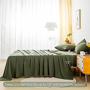 COTTEBED Super Soft Twin Bed Sheet Set - Vintage Washed PolyCotton Kids Bedding Set with Fitted Pillow Case 15inch Deep Pocket, Lightweight Cool Tech for All Seasons Use Boy Girl Teen,Dark Olive Green