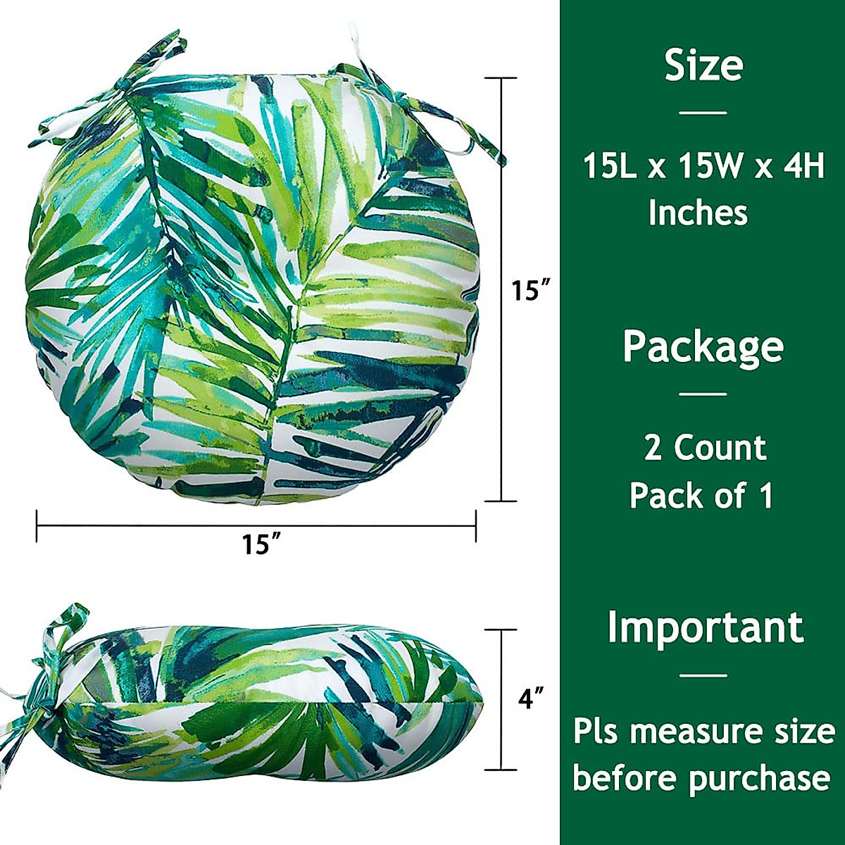 Magpie Fabrics 15" Round Bistro Seat Cushions with Ties, Set of 2, Waterproof All Weather Tufted 4" Thick Patio Chair Pads for Home Garden Dining Metal Stool - Green Palm Leaves