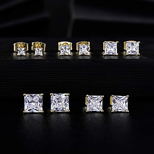 MDFUN 18K Yellow Gold Plated Princess Cut Square Clear Cubic Zirconia Stud Earring Pack of 5 Pairs