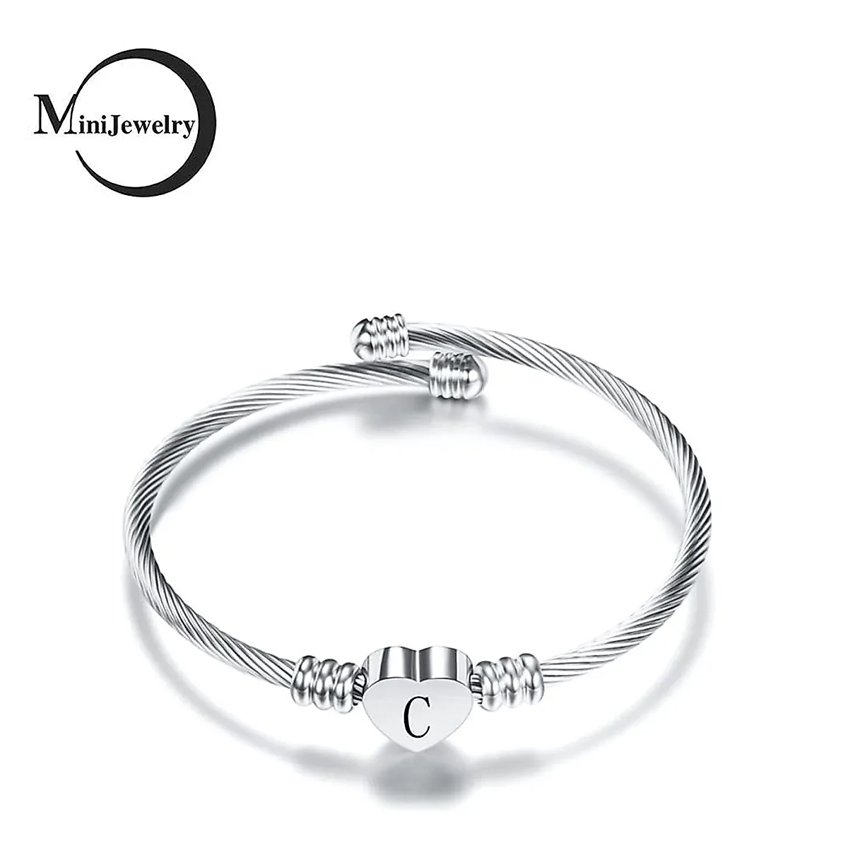 MiniJewelry Initial C Silver Heart Bangle Cuff Bracelet for Women Alphabet Letter Name Stainless Steel