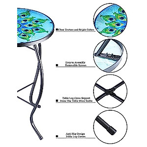 VCUTEKA Patio Side Table Outdoor Coffee Table Mosaic Accent Table Round Small End Table Bistro for Living Room Porch Balcony Backyard Garden Peacock Feather