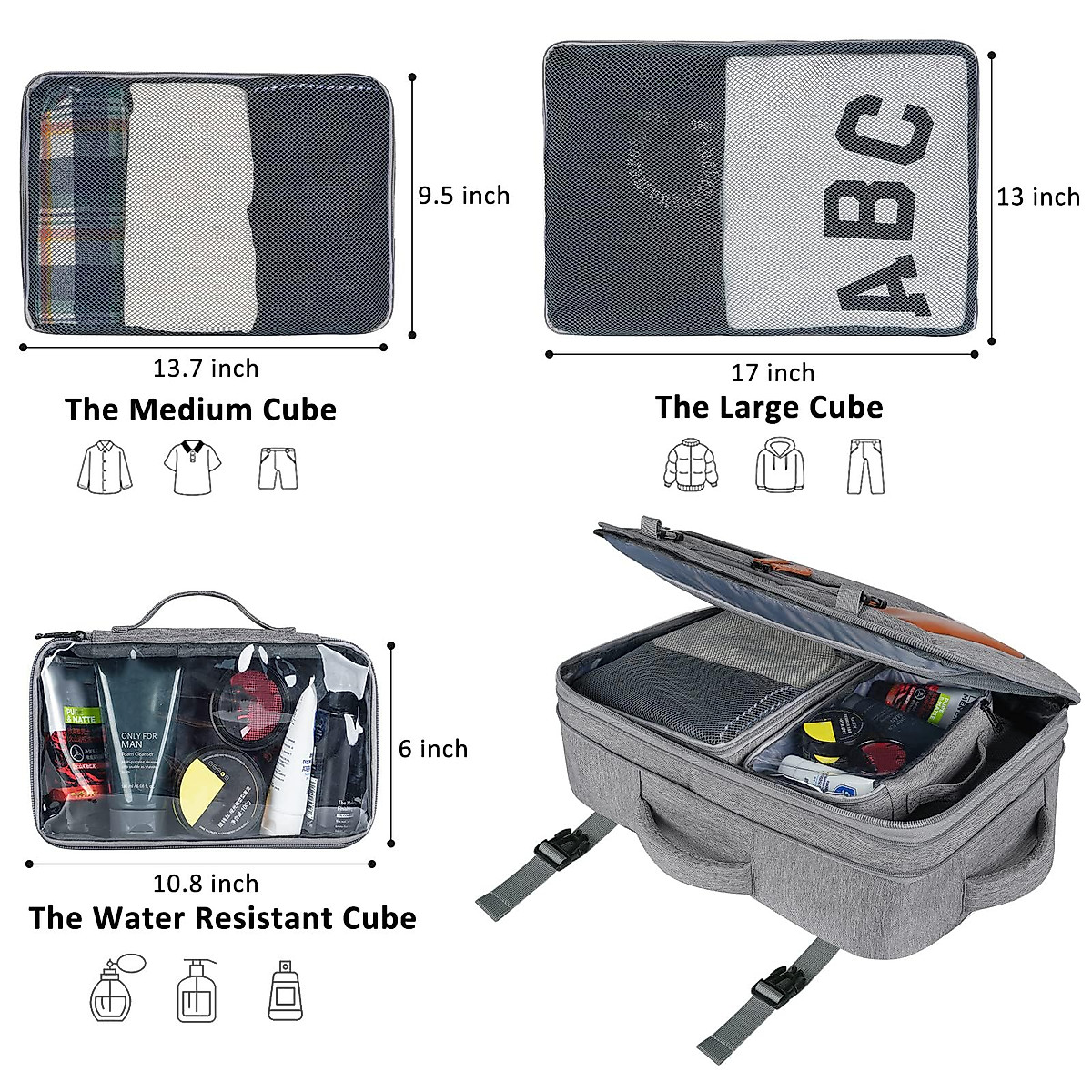 Vancropak 35L Travel Backpack, Travel Bag for Expandable Airplane Approved, Carry on Backpack with 3 Packing Cubes for Women Men, Overnight Weekender Hiking Luggage Personal Travelers Bag, Grey