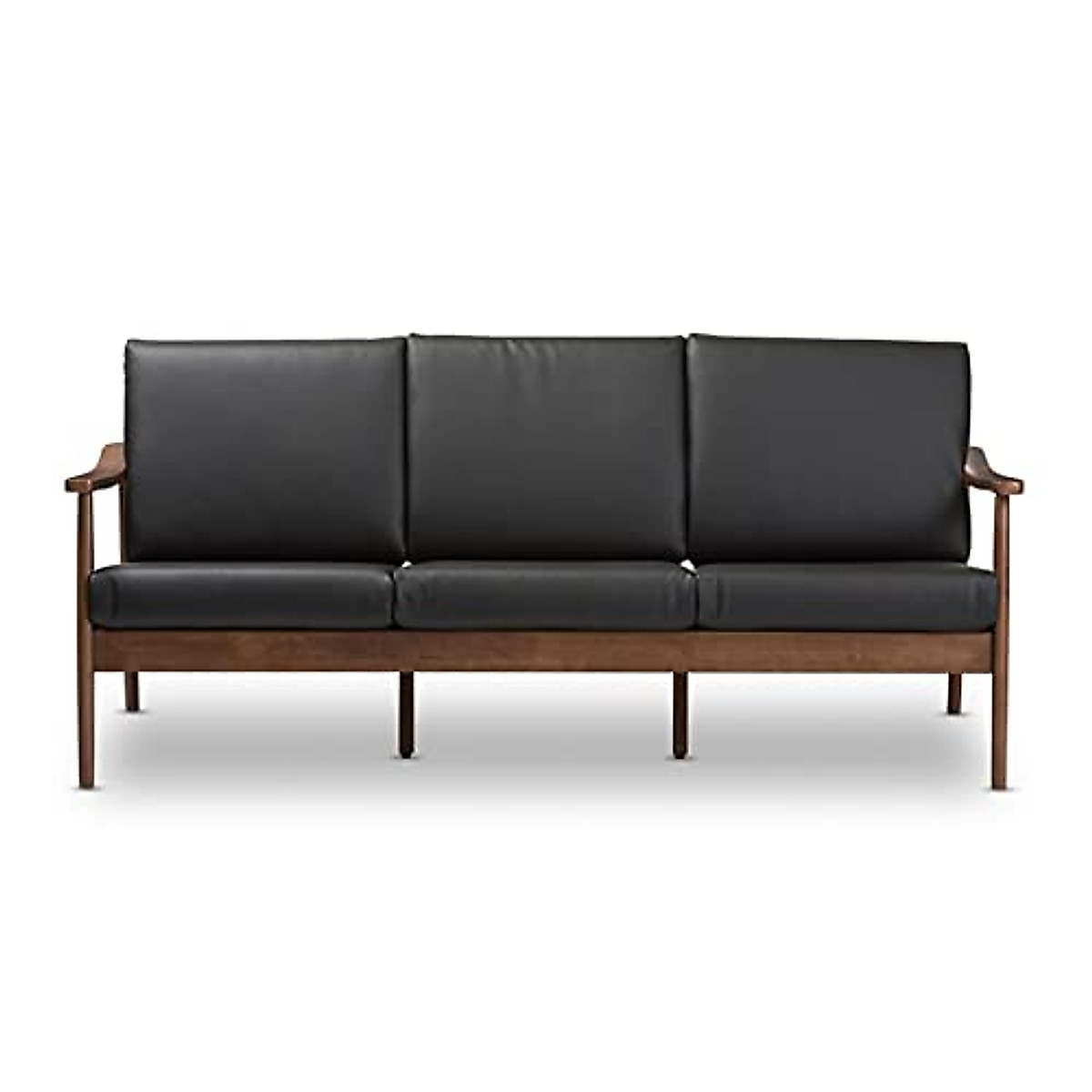 Baxton Studio Venza Mid-Century Modern Walnut Wood Black Faux Leather 3-Seater Sofa