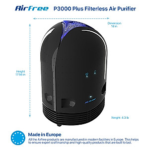 Airfree 3000 Plus Filterless Silent Air Purifier Destroys Mold, Allergens, Prevents Mildew. Remote, App & Alexa Controlled Air Sterilizer booster and Top Lights. 650 sq ft, Black.