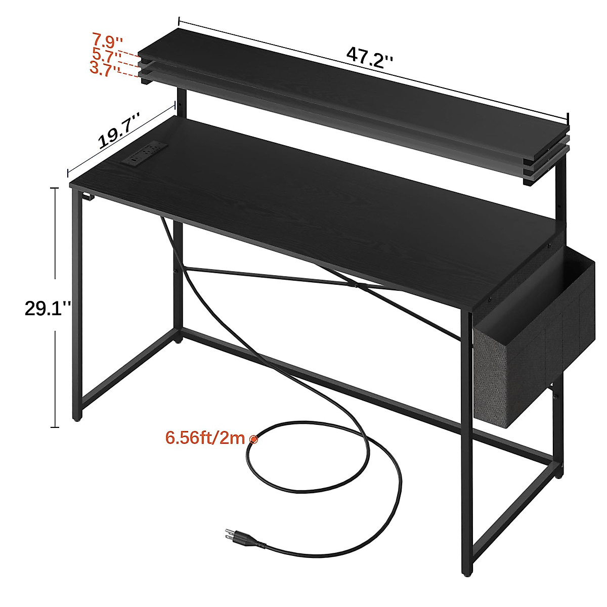 Yoobure Computer Desk with Power Outlets Fast Charging Type-C Included, Gaming Desk with LED Lights, 47" Office Desk with Adjustable Monitor Stand, Small Desk Home Office Desks with Storage Bag & Hook