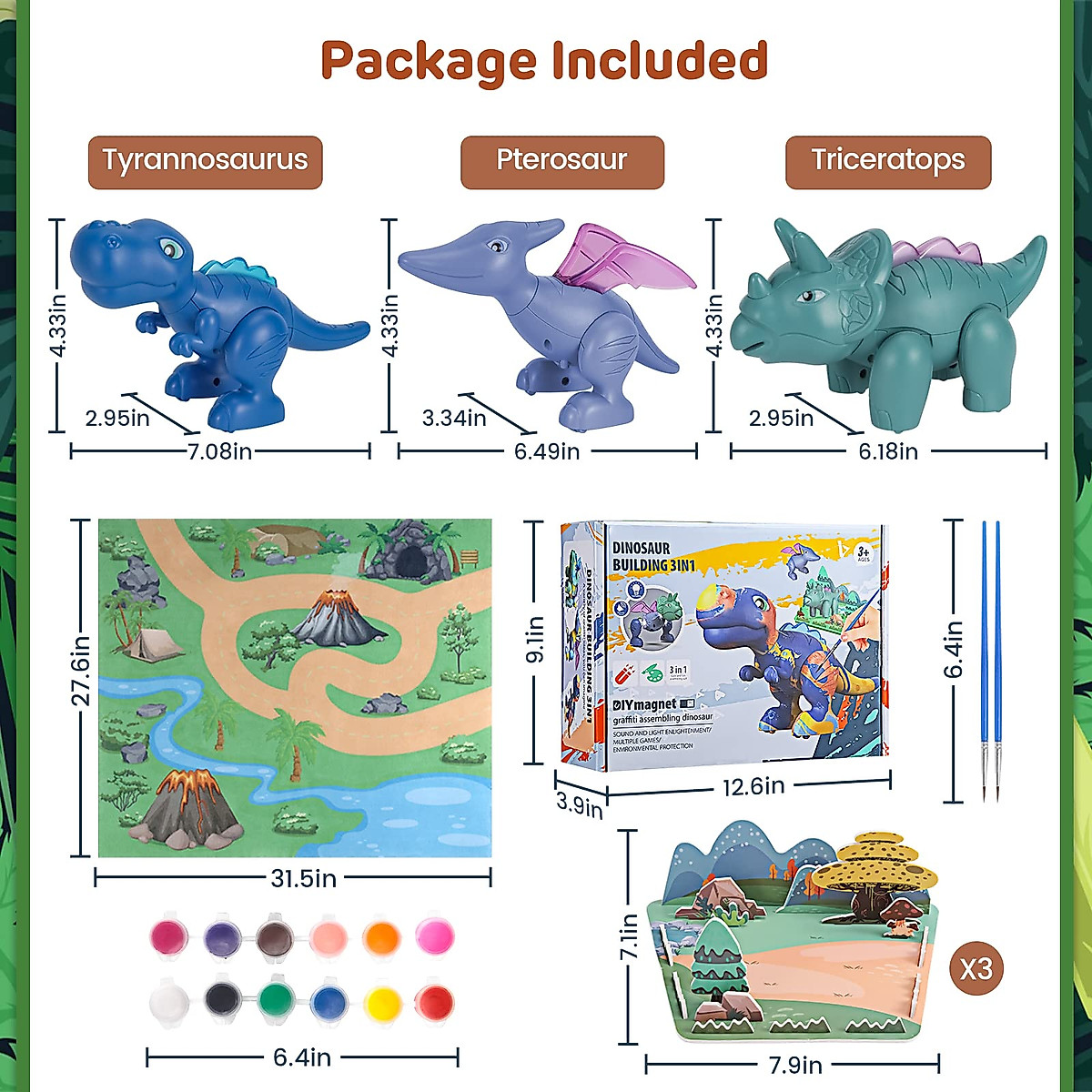 ThinkMax Magnetic Dinosaur Toys for Kids, Take Apart toys with Light, Roar Sound, Play Mat & Painting Kit, Kids Trex Christmas Birthday Gifts for Boys Girls 2 3 4 5 Year Old, Medium, Green Blue Purple