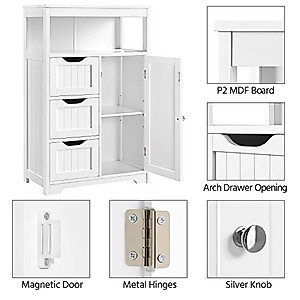Yaheetech Bathroom Floor Cabinet Wooden Storage Organizer with 1 Door and 3 Drawers, Free-Standing Cupboard for Kitchen/Living Room/Bathroom Use, White