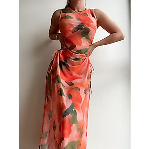 Verdusa Women's Swimsuit Mesh Cover Up High Split Drawstring Bikini Long Dress Multicolored S