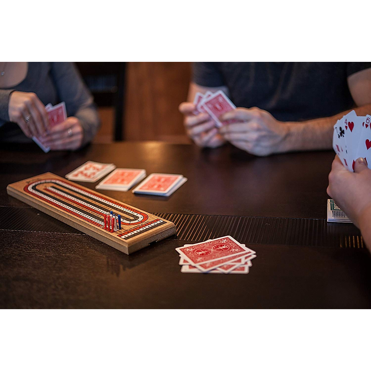 Cribbage Board by Bicycle 3-Track Colour Coded Real Pine Wood Cribbage Game with Deck of Bicycle Cards and Premium Metal Cribbage Pegs