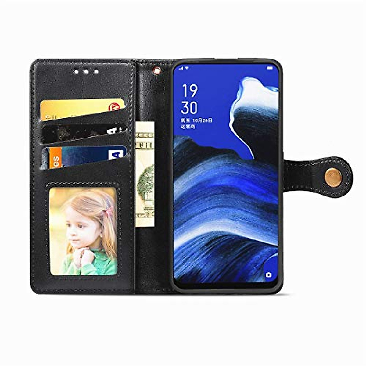 SATURCASE Case for Oppo Reno2 Z, Premium PU Leather Flip Round Magnet Wallet Stand Card Slots Protective Cover with Hand Strap for Oppo Reno2 Z (Black)