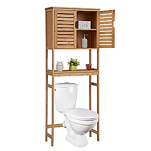 Kinfant Over The Toilet Storage Cabinet - with Adjustable Shelf and 6 Hooks Space Saver Double Door Organizer, Natural
