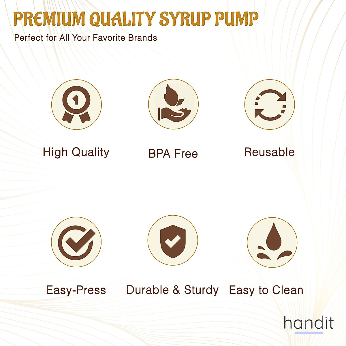 HANDIT - Gold Coffee Syrup Commercial Beverage Dispenser Pumps | Fits Liter 750ml / 25-4oz Syrups Torani, DaVinci, Jordan's Skinny (Monin 33.8oz Plastic Bottles) (6 Pack)
