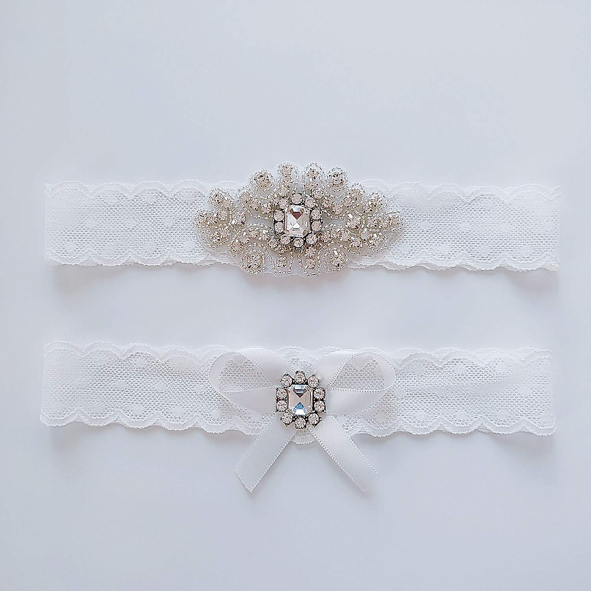Lauthen.S Bride Lace Garter Set, Wedding Bridal Rhinestone Stretch Garter Belt(White)