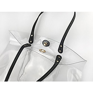 PVC Clear Womens Tote With Striped Zipper Clutch Weekender Shoulder Handbag (Black&White Stripes) Medium