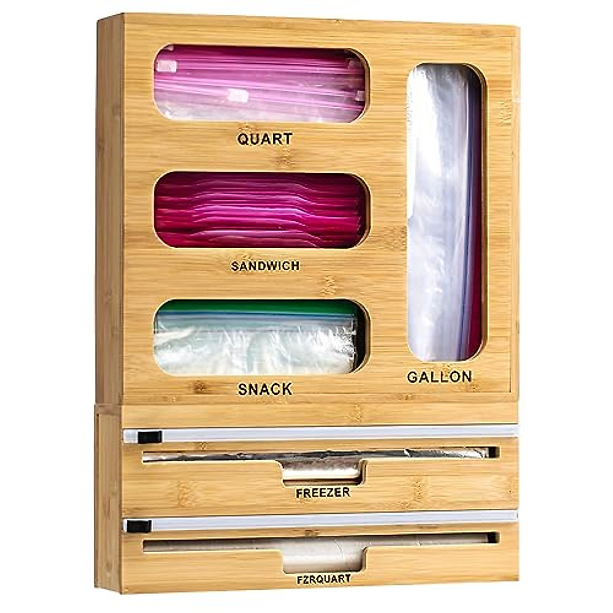 KitchenTell Ziplock Bag Organizer Bags - 6 in 1 Storage Bag Organizer Foil Kitchen Drawer, Plastic Bag Organizer for Drawer, Ziplock Bag Holder for Filing, Wooden Sandwich Bag Organizer