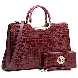 Womens Handbag Top Handle Shoulder Bag Tote Satchel Purse Work Bag with Matching Wallet (2-Croco Wine)