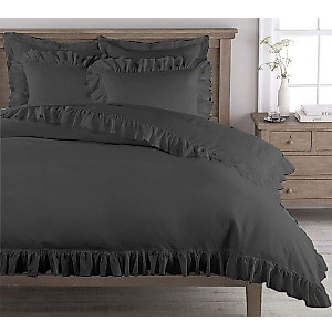 Kotton Culture 600 Thread Count Ruffle Trim Fringe Duvet Cover Set 100% Egyptian Cotton 1 Duvet Cover & 2 Pillow Shams Frilled Bohemian Bedding (Oversized King, Dark Grey)