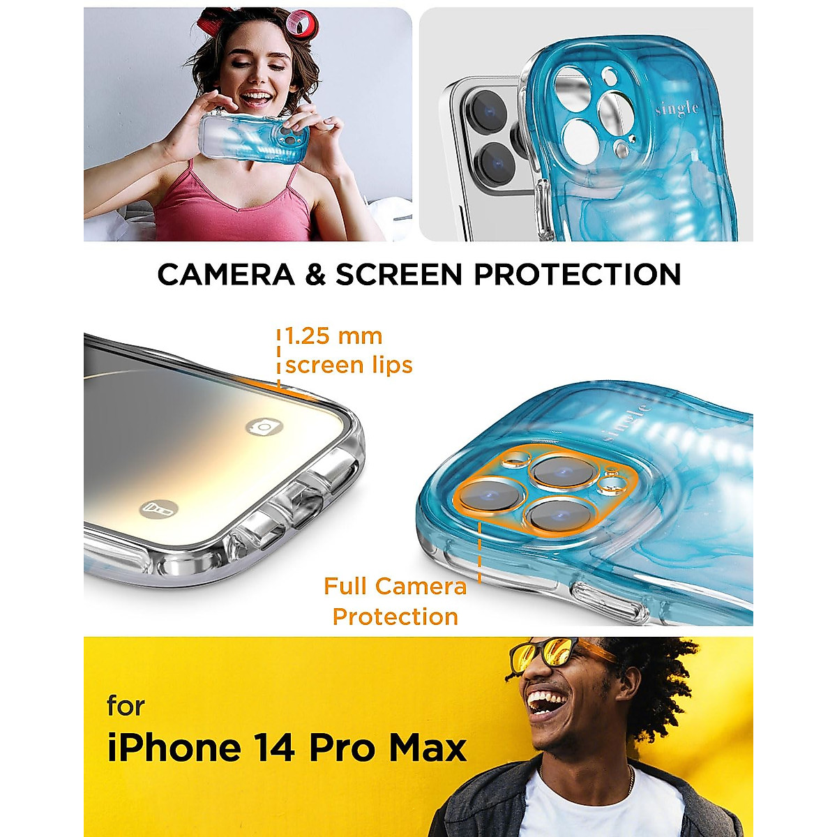 AICase iPhone 14 Pro Max Case Curly Wave Frame Cute Design with Full Camera Lens Protection,Aesthetic Kawaii Slim TPU Bumper Luxury Plated Shockproof Protective Transparent for Women Girls Men_6