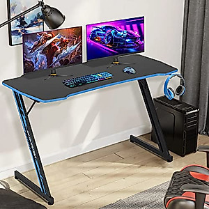 HKLGorg Gaming Desk 47 Inch Computer Desk Gaming Table Writing Table Modern Ergonomic Racing Style Home Office Desk Workstation Carbon Fiber Headphone Hook-Blue