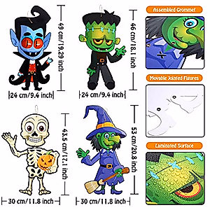 Sumind 4 Sets Funny Halloween Party Decoration Jointed Figures Halloween Door Hanger, Hanging Halloween Wall Decoration Signs Vampire, Skeleton, Witch, Zombie Banners for Halloween Party Decor