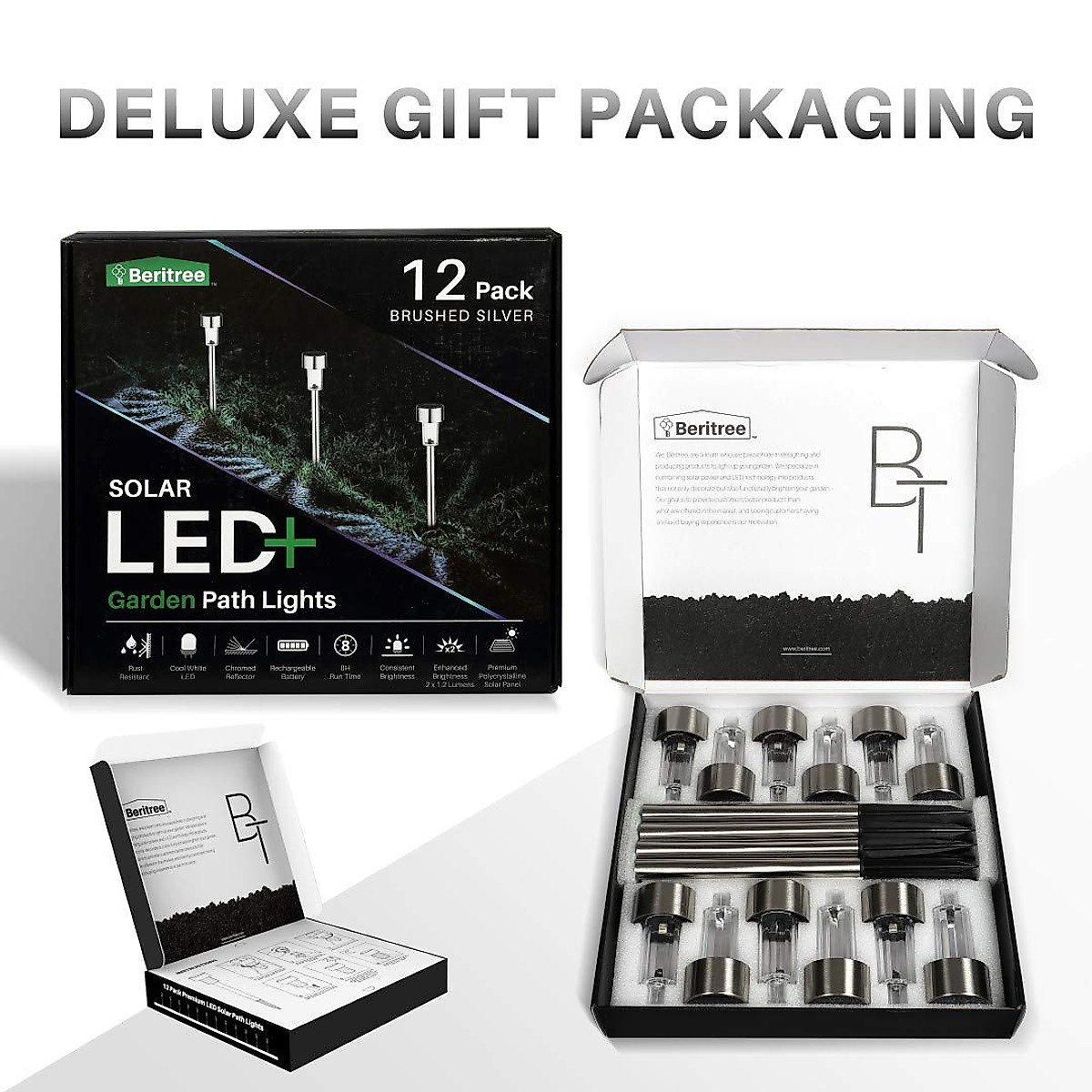 Outdoor Solar Lights Landscape Lighting: Deluxe 12 Pack Stainless Steel Solar Powered LED Patio Lights - Outside Pathway Deck Garden or Home Security Driveway & Backyard Path Light for Lawn or Walkway